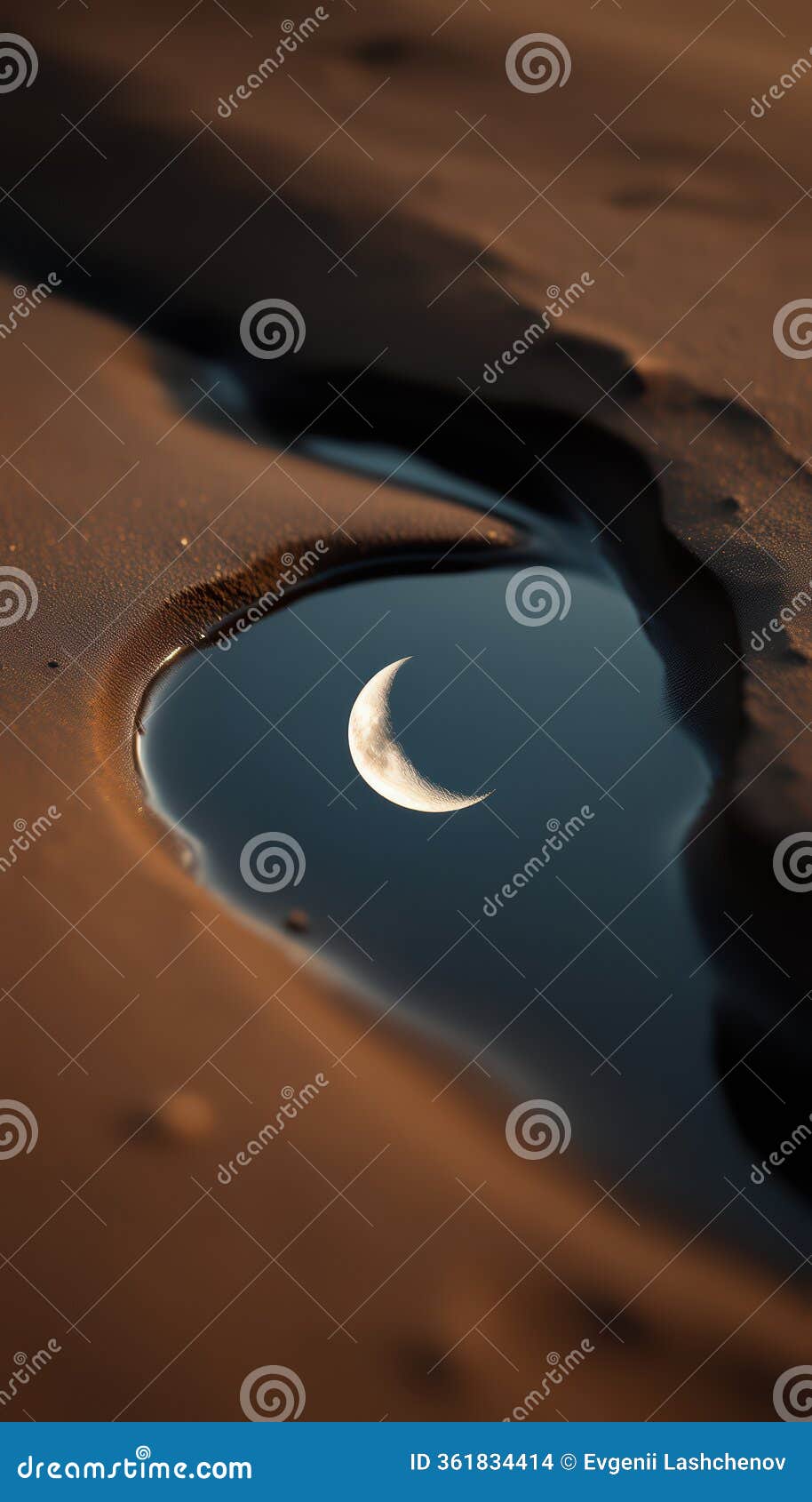Crescent Moon Reflection in Desert Puddle with Sandy Terrain at ...