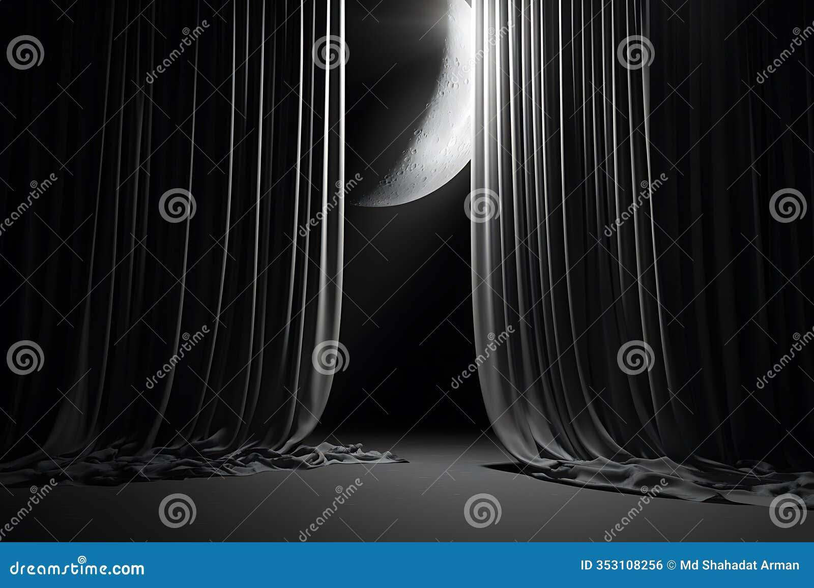 Crescent Moon Revealed Behind Dark Velvet Curtains Stock Illustration ...