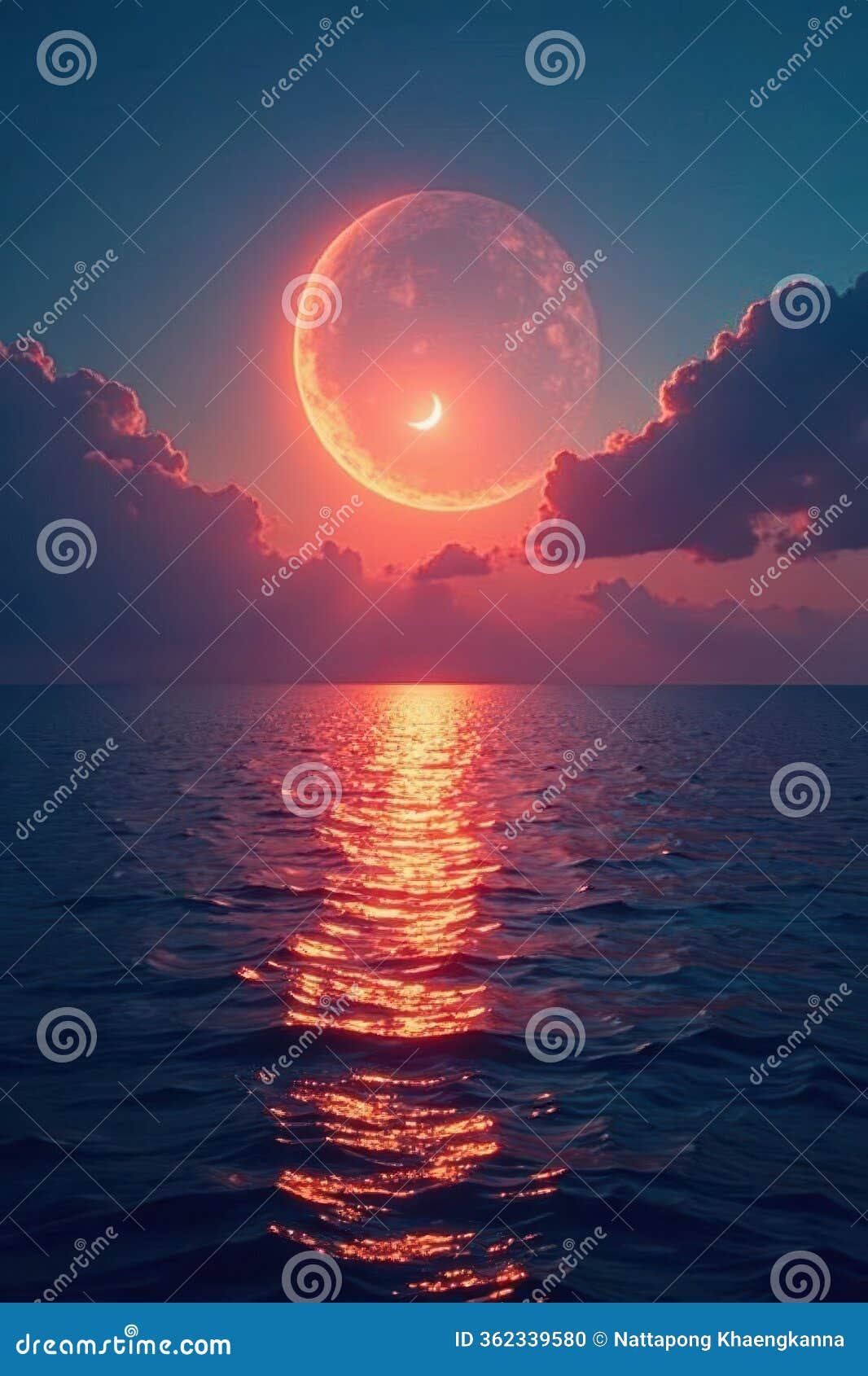 Crescent Moon Rising Above a Tranquil Sea at Dawn, Sun, Sunlight Stock ...