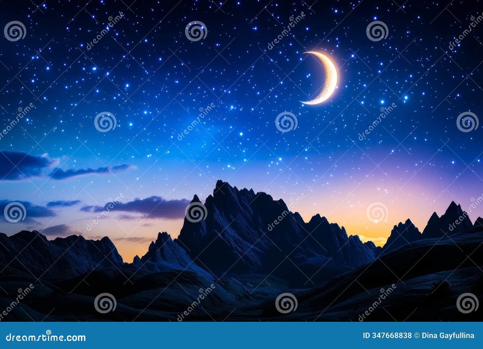 Crescent Moon Shining Over Mountain Range at Twilight Under Starry Sky ...