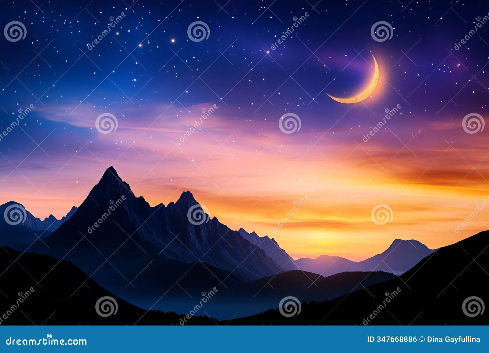 Crescent Moon Shining Over Mountain Range at Twilight Under Starry Sky ...