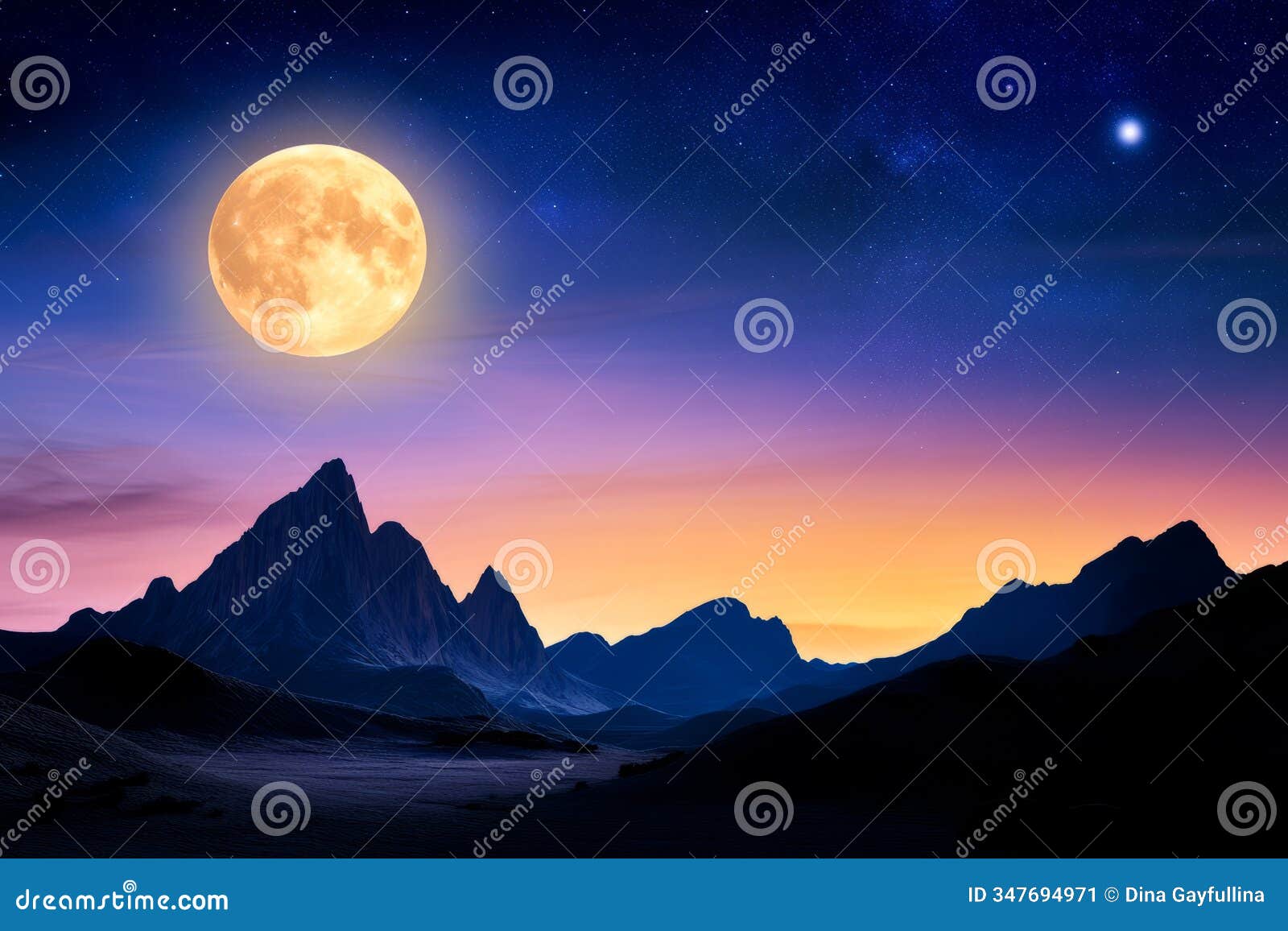 Crescent Moon Shining Over Mountain Range at Twilight Under Starry Sky ...