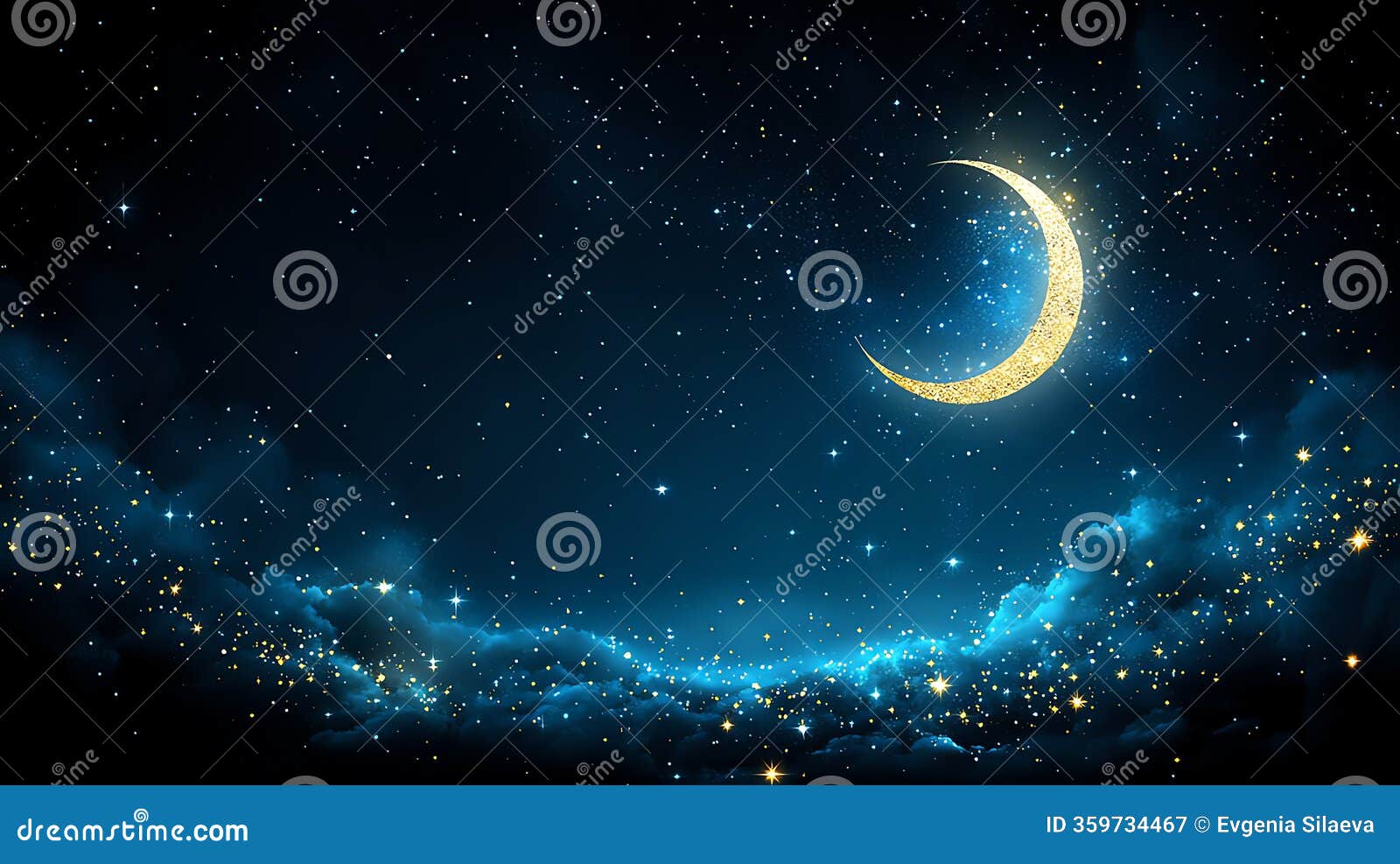 Crescent Moon Shining in a Starry Night Sky with Gentle Clouds Below ...