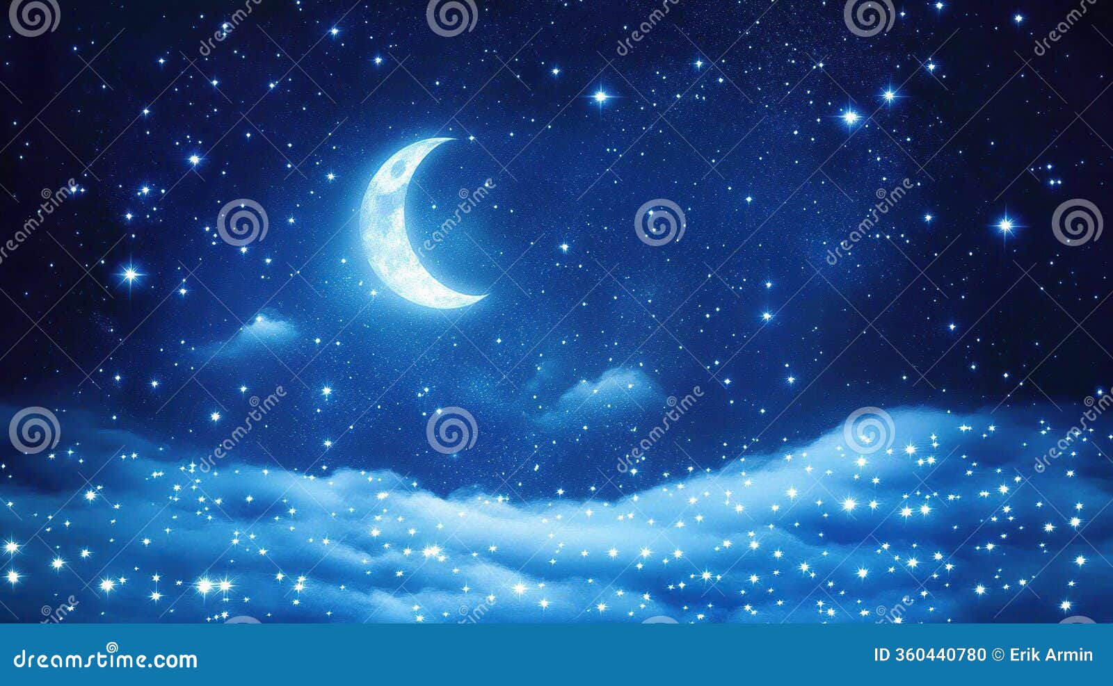 Crescent Moon, Stars, and Clouds in a Night Sky Stock Photo - Image of ...