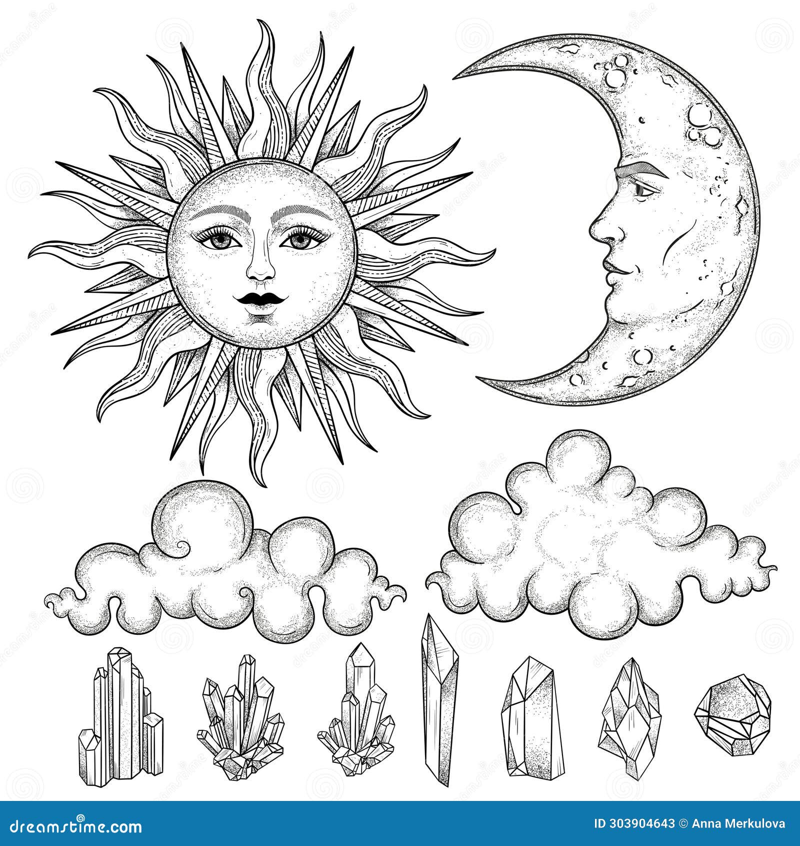 Crescent Moon and Sun Face, Clouds, Magic Crystal. Isoteric Vintage ...