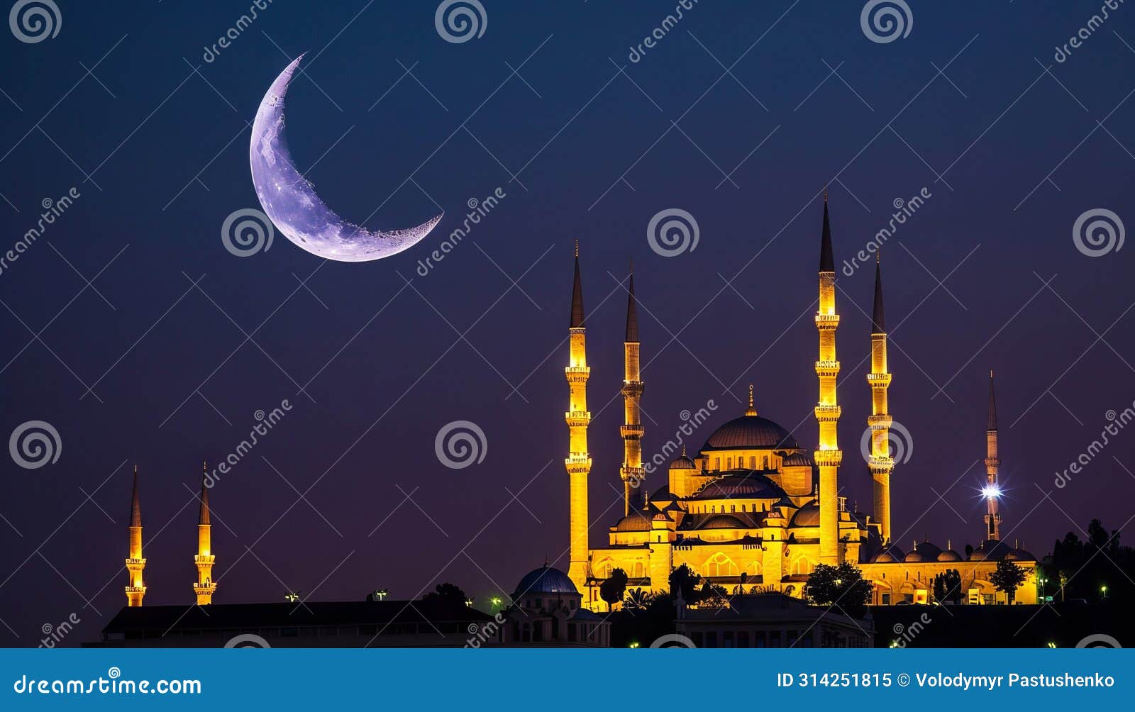 A Crescent is Seen Above the Mosque and the Moon, Ramadan Stock Image ...