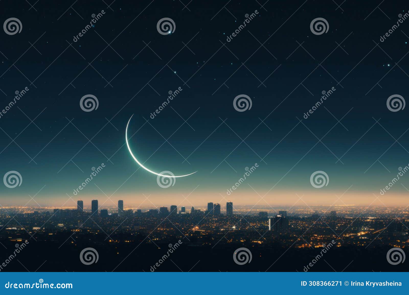 A Crescent in the Sky Above a City Skyline Stock Image - Image of water ...