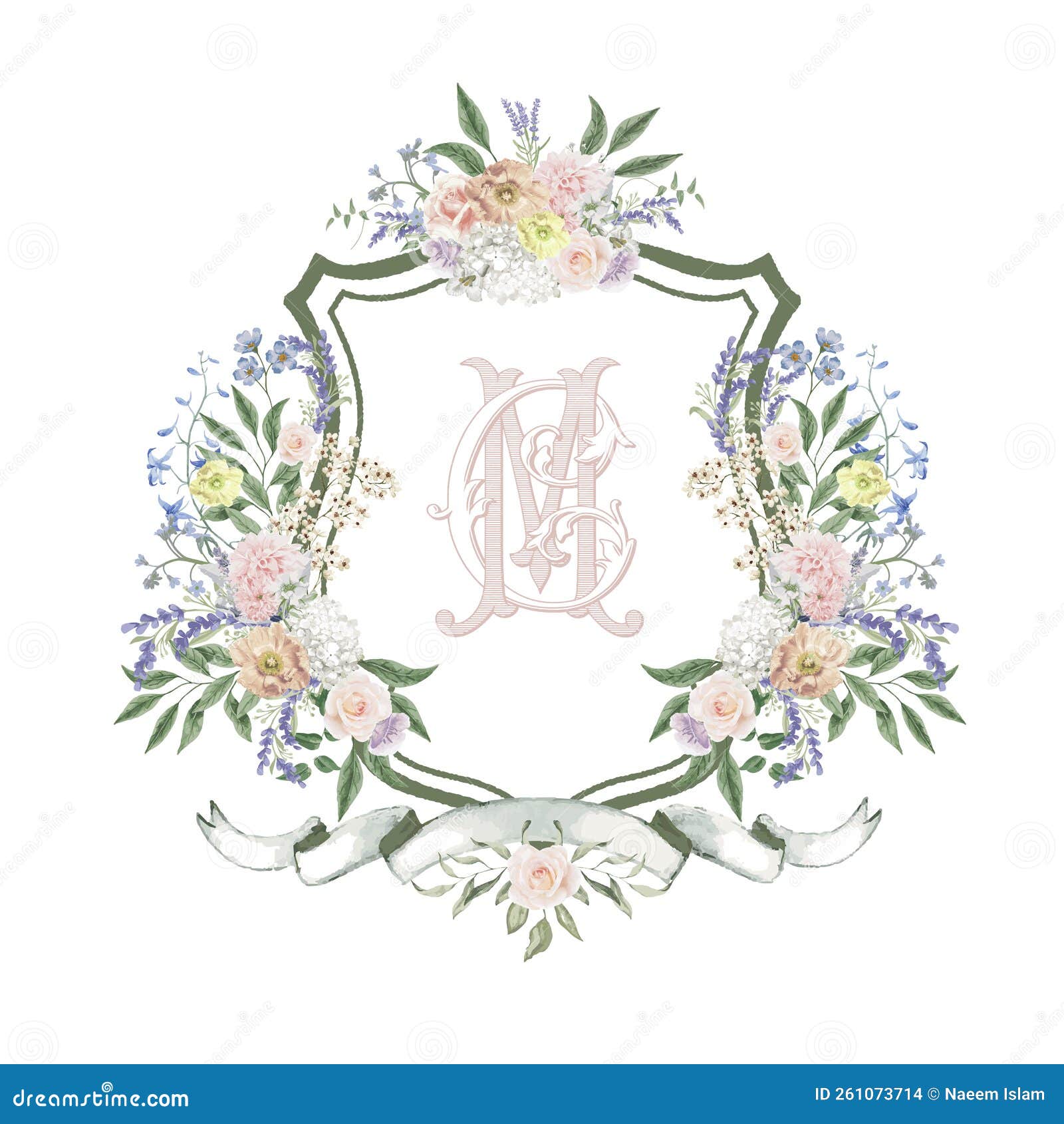 Painted Wedding Monogram CM Initial Watercolor Floral Crest. Watercolor ...