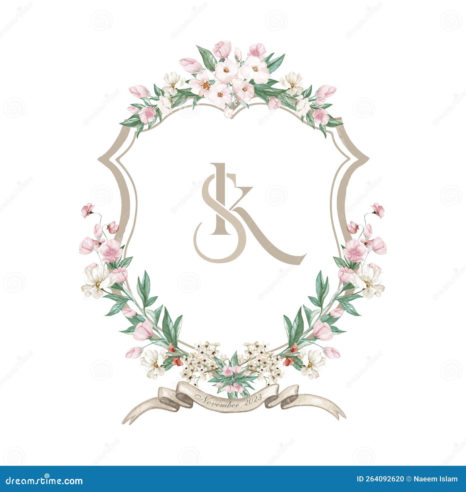 Painted Wedding Monogram SK Initial Watercolor Floral Crest. Watercolor ...
