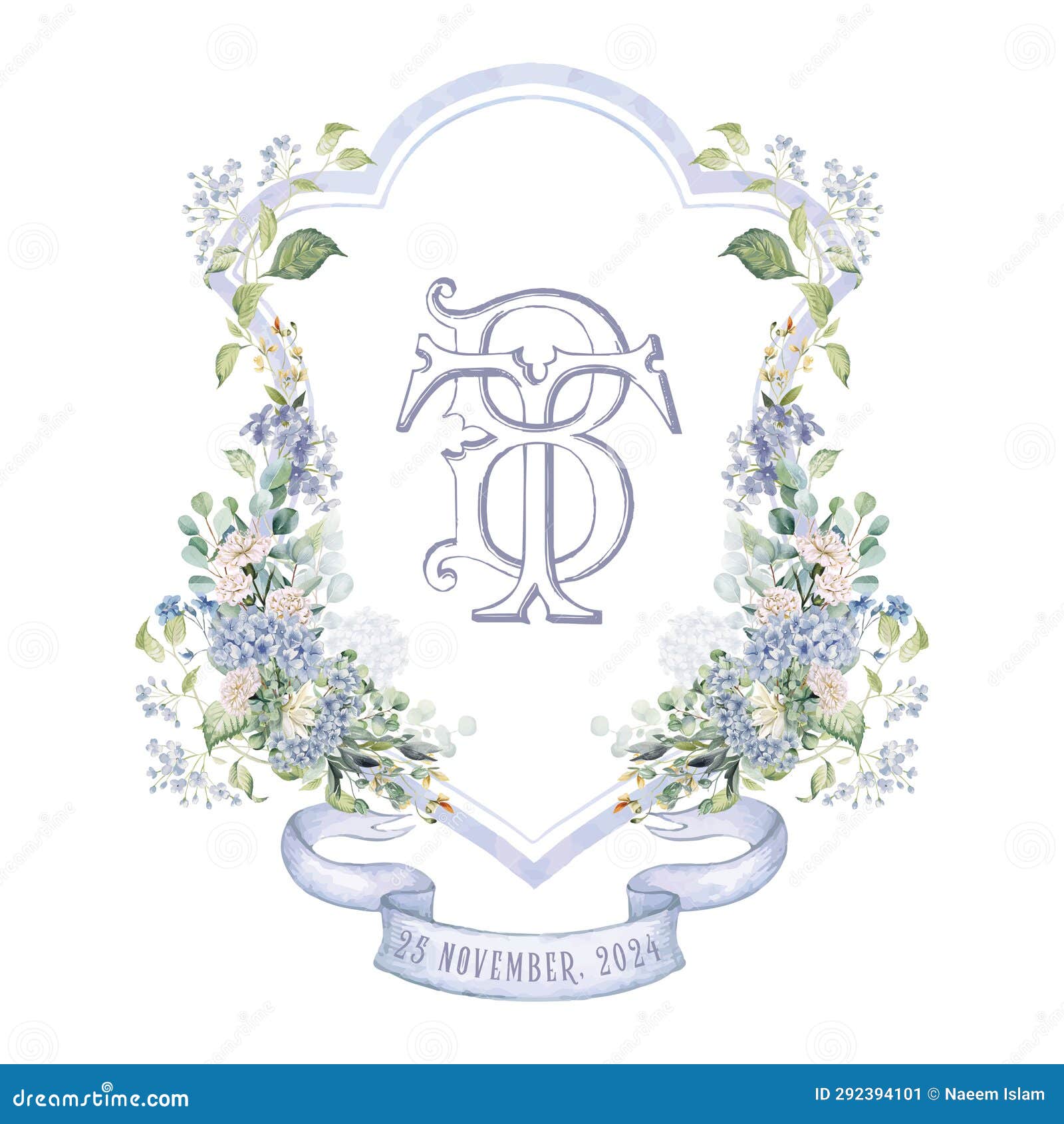 Painted Wedding Monogram TB, BT Initial Watercolor Floral Crest. Stock ...