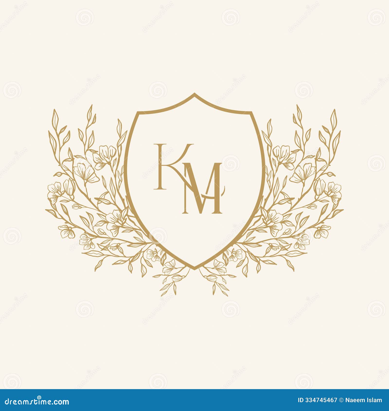 Elegant Classical Wedding Floral Crest with KM Initial Letter Stock ...