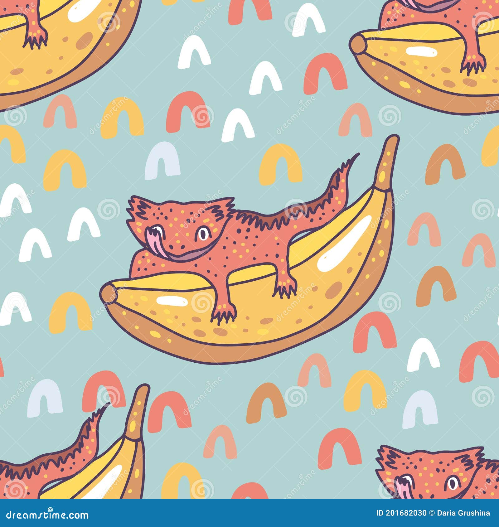Crested Gecko Cute Reptile Lizard on Banana Seamless Pattern Stock ...