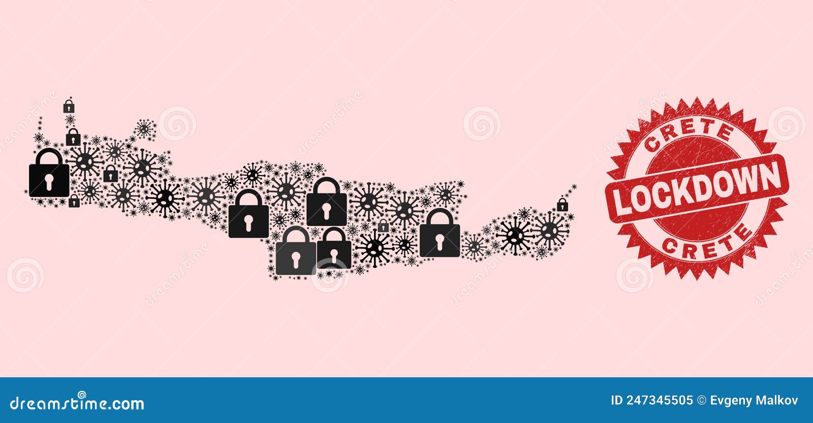 Crete Map Mosaic with Locks and Viruses and Textured Lockdown Stamp ...