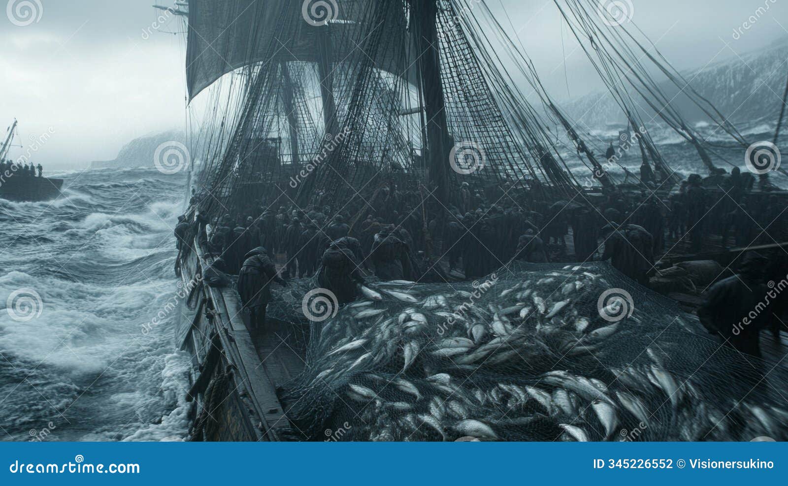 Crew Hauling in a Large Catch of Fish on a Ship in a Stormy Sea Stock ...