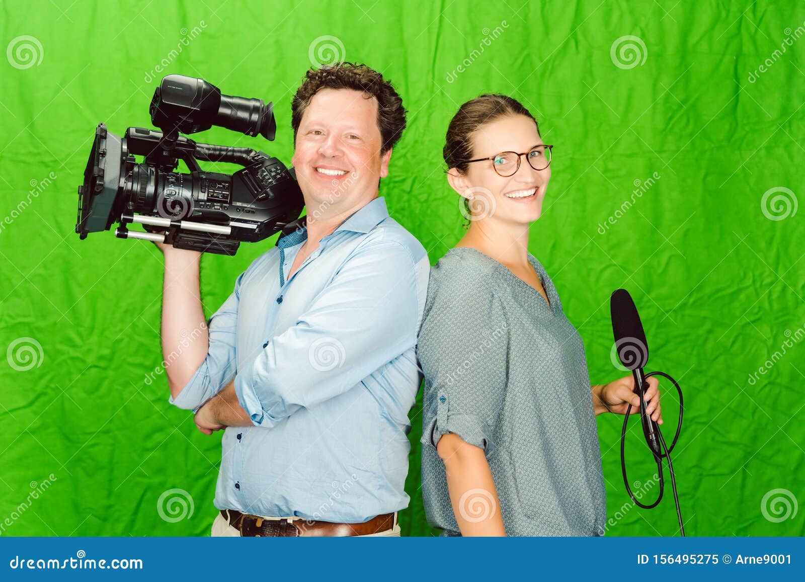 Crew of Reporter and Cameraman Posing in the Studio Stock Image - Image ...