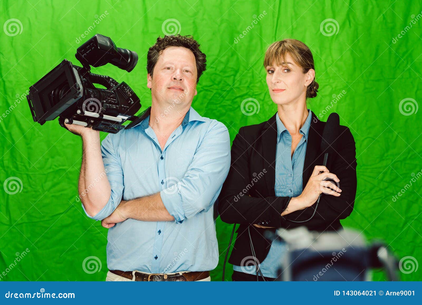Crew of Reporter and Cameraman Posing in the Studio Stock Image - Image ...