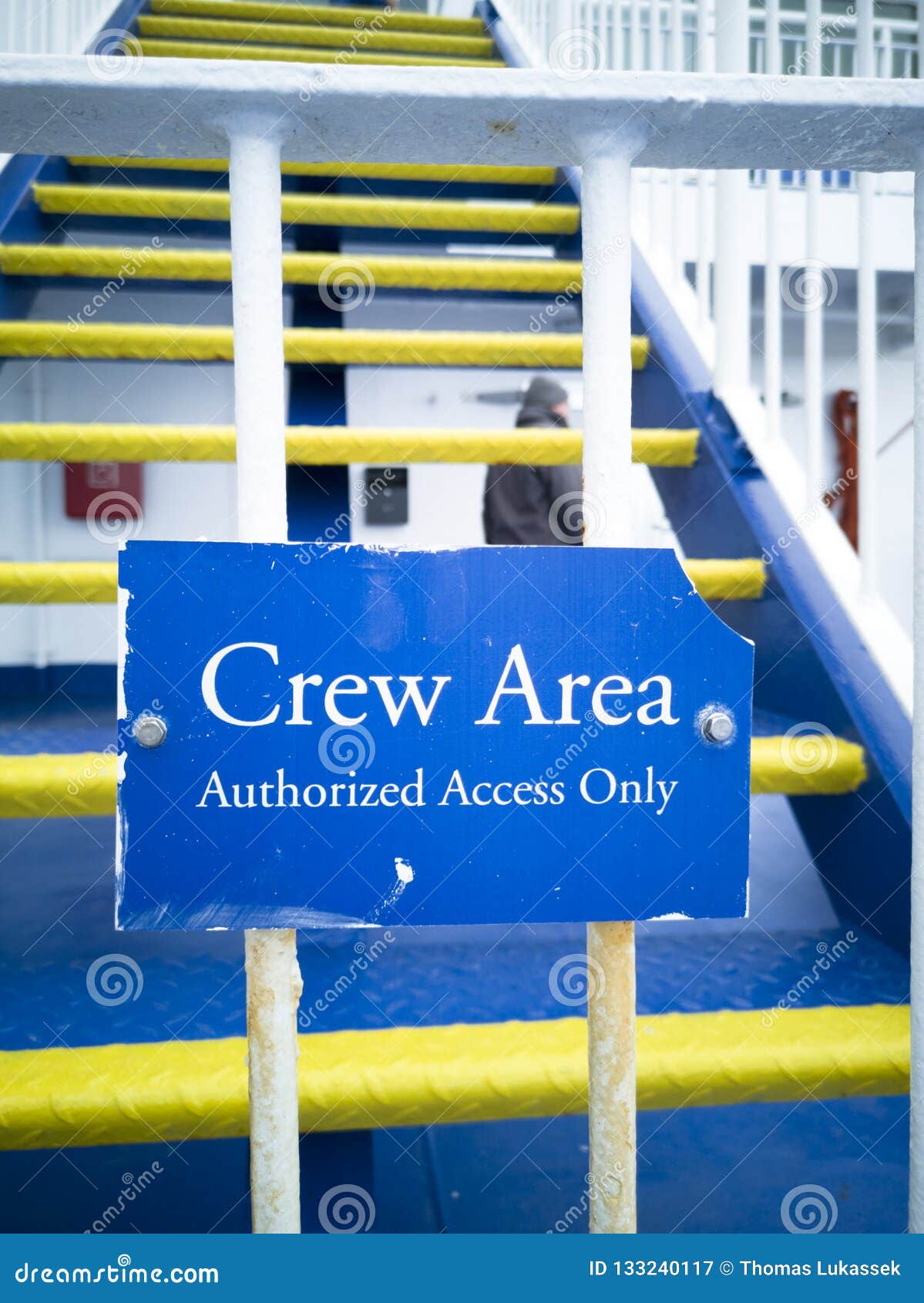 Crew only Sign on a Ship in Front of the Stairs To the Bridge Stock ...