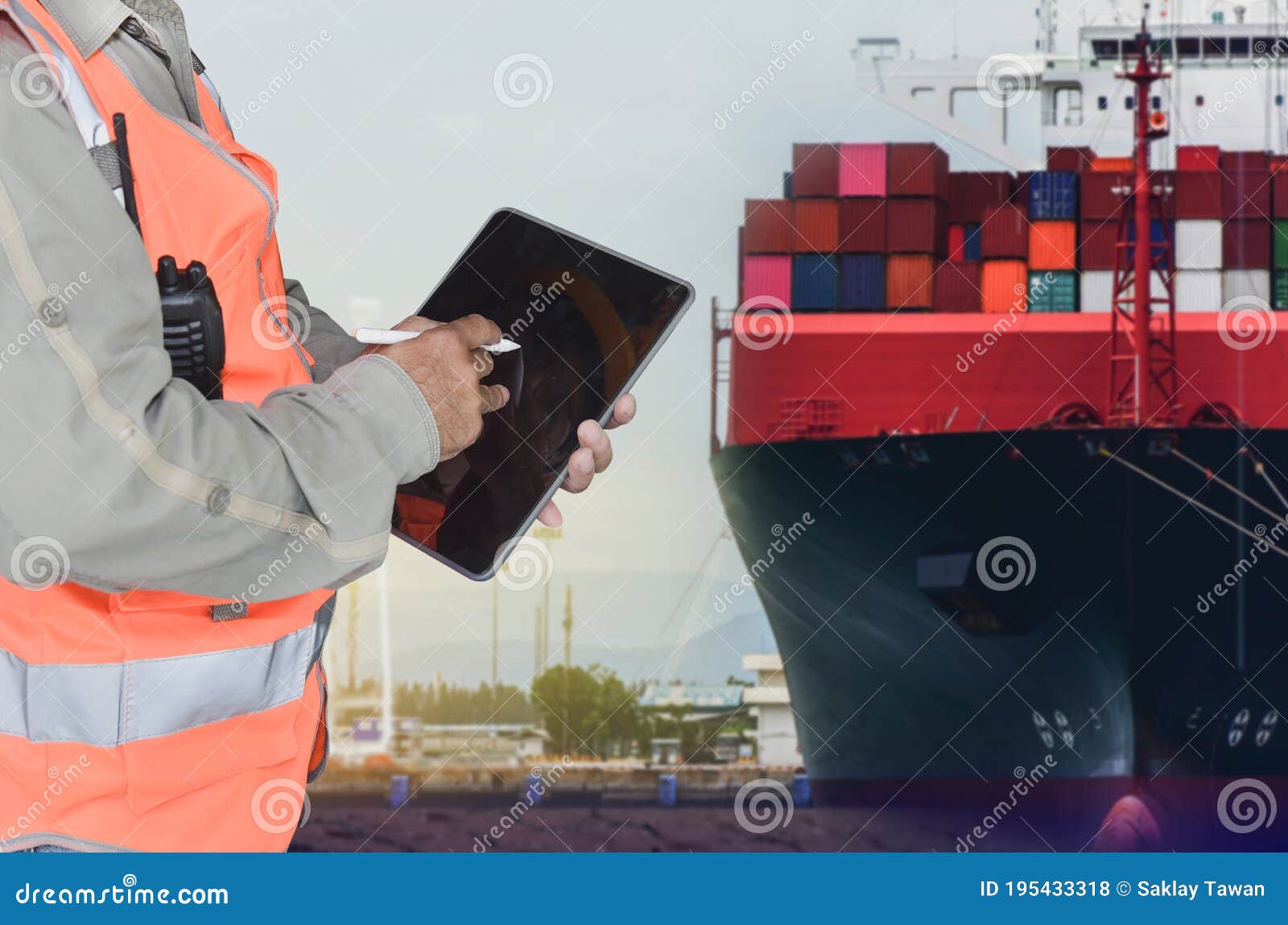 Workers with Tablet in Hand in Port Stock Photo - Image of building ...