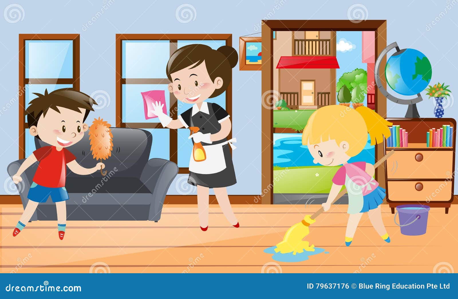Criada Y Niños Que Limpian El Cuarto Stock de ilustración - Ilustración ...