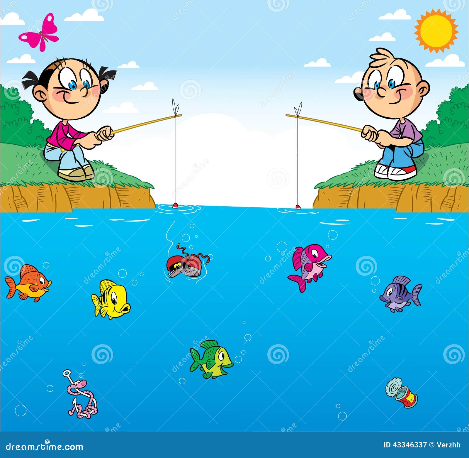 Crianças na pesca ilustração do vetor. Ilustração de animal - 43346337