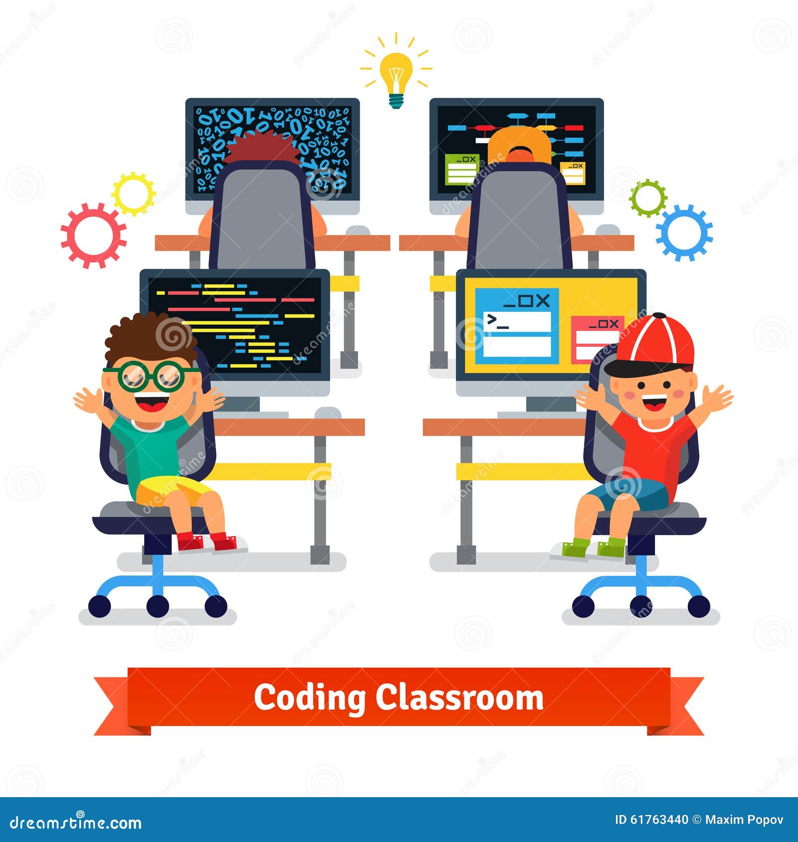 Crianças Que Aprendem Codificar E Programar Na Classe Da Ciência ...