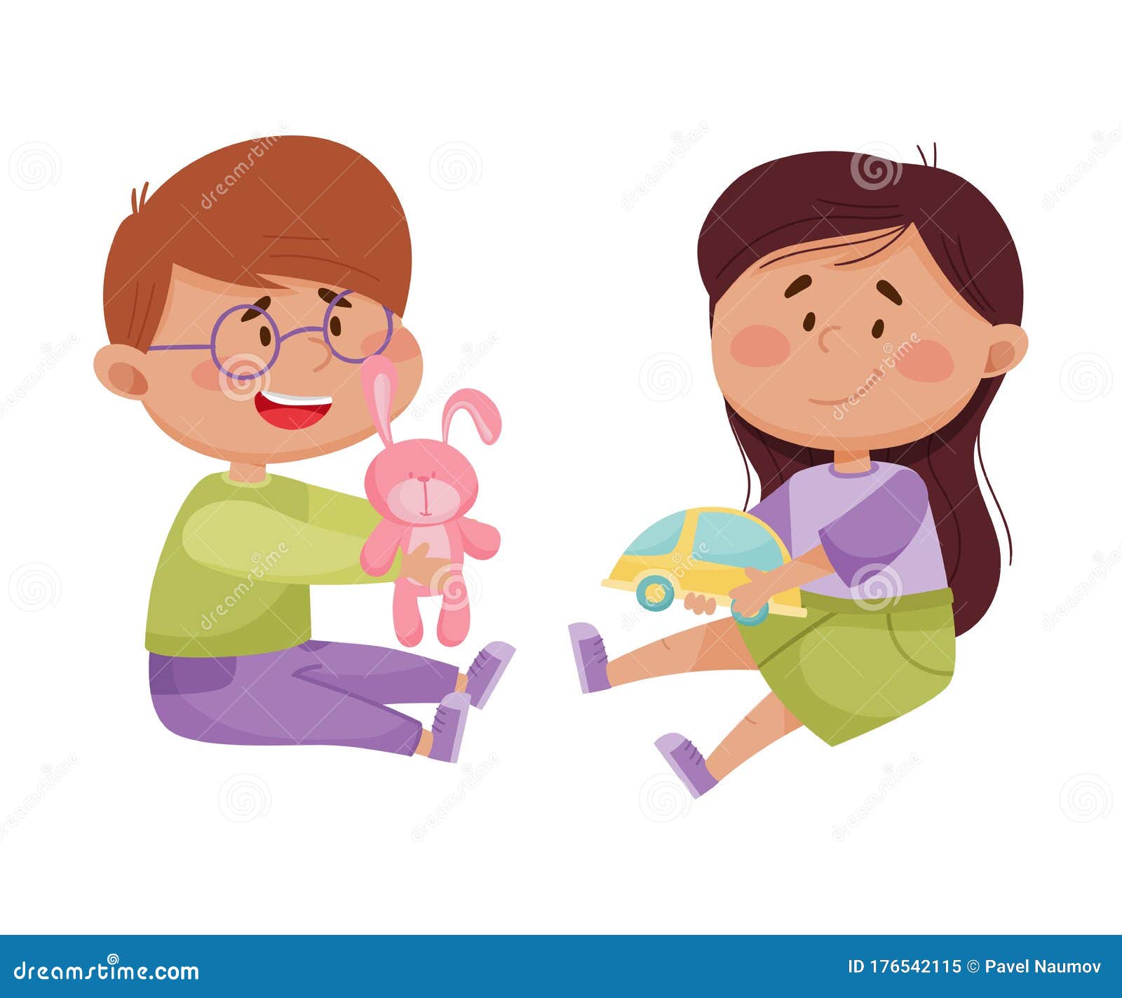 Crianças Amigáveis Brincando E Compartilhando Brinquedos Entre Si Com