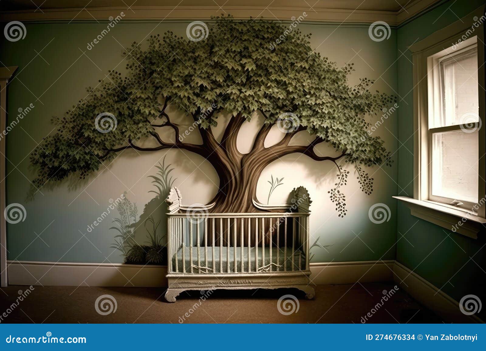 A Crib with a Tree Mural. Generative AI Stock Illustration ...