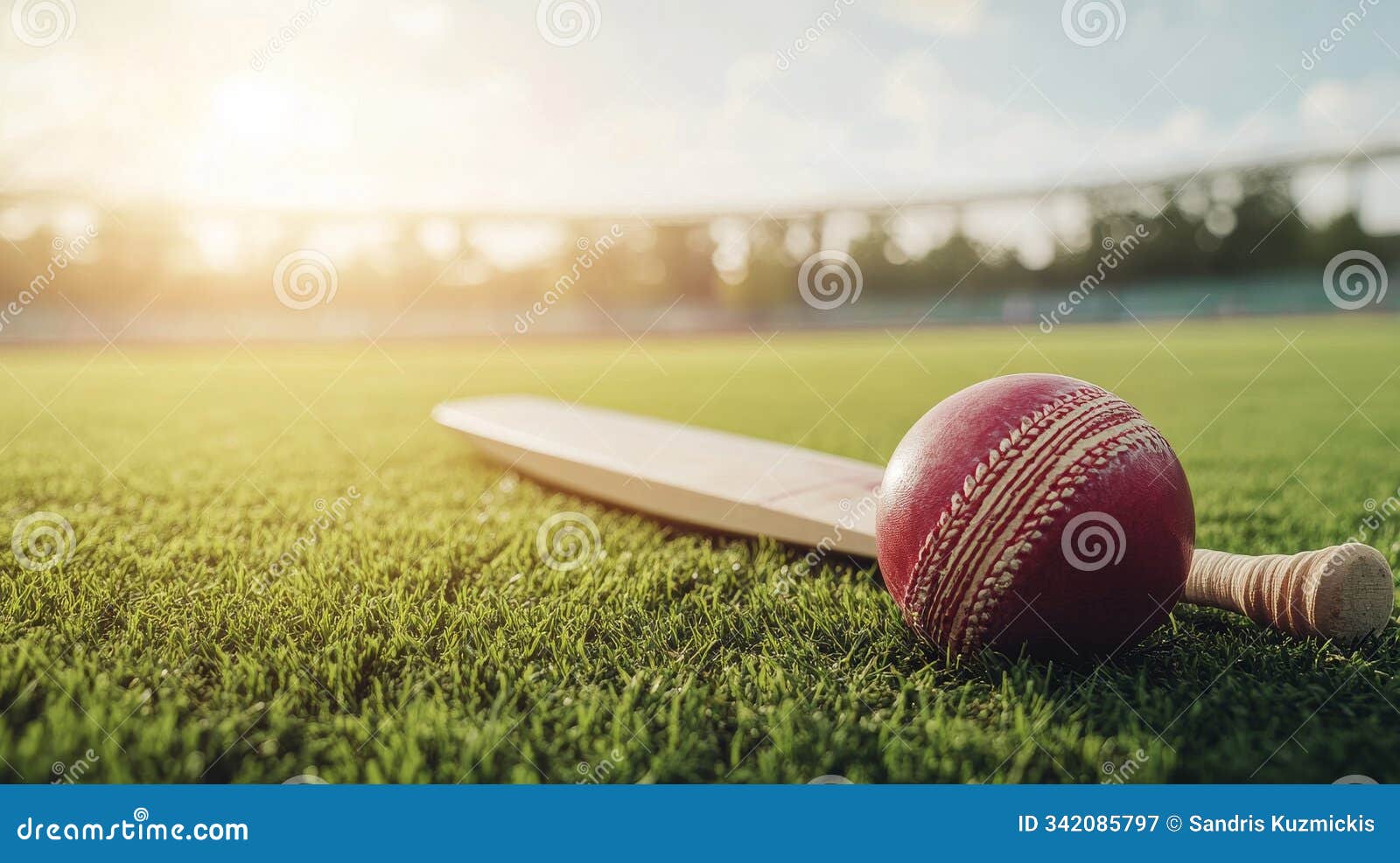 Cricket Ball and Bat on the Grass in a Stadium. Generative AI. Stock ...