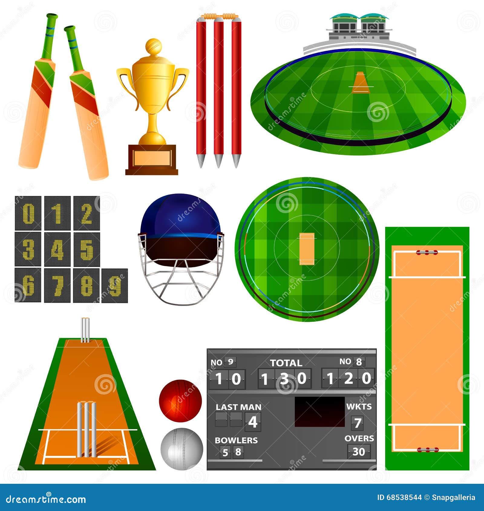 Cricket equipment stock vector. Illustration of object - 68538544