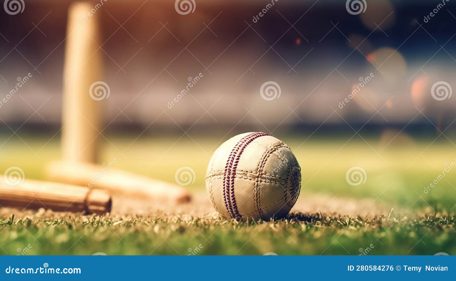 Cricket Leather Ball Resting on Bat on the Stadium Pitch. Generative Ai ...