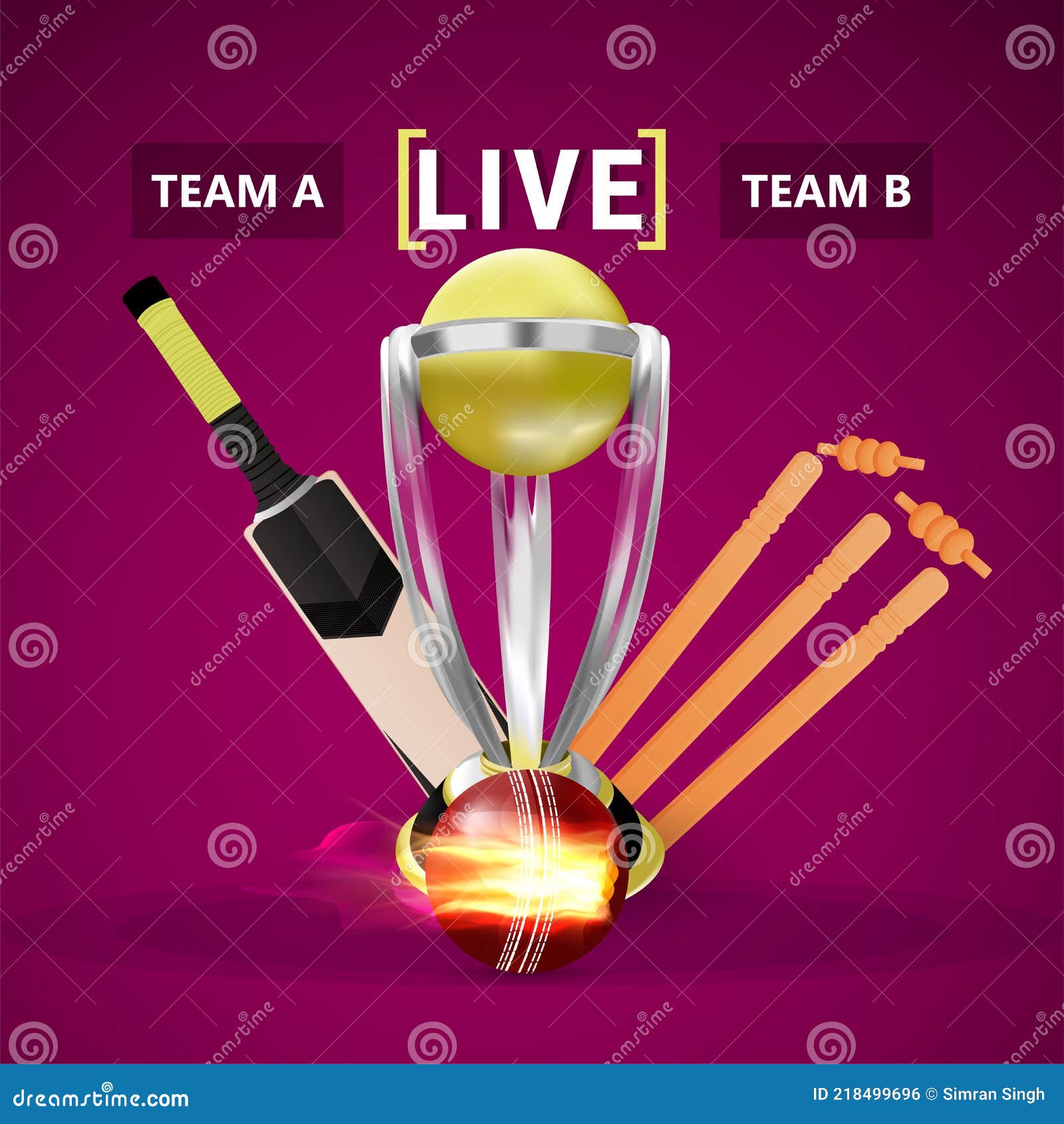 Cricket Live Tournament with Gold Trophy and Wicket Stock Illustration ...