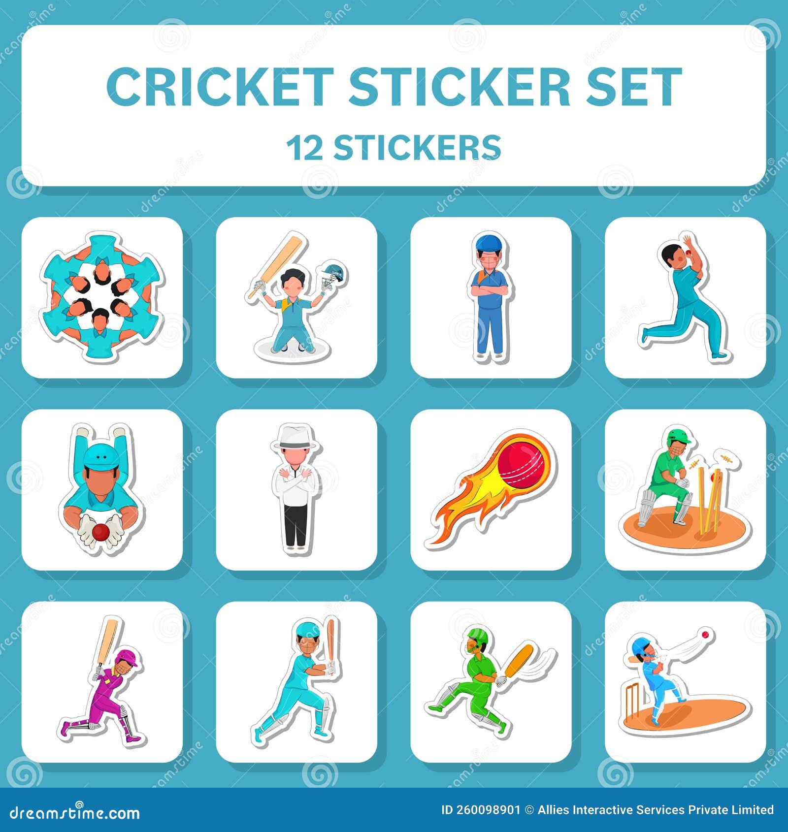 12 Cricketer Sticker or Icons Collection on White and Turquoise Stock ...