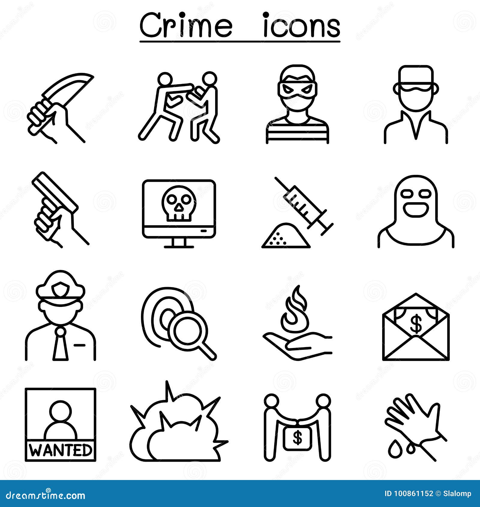 Crime Icon Set in Thin Line Style Stock Vector - Illustration of crime ...