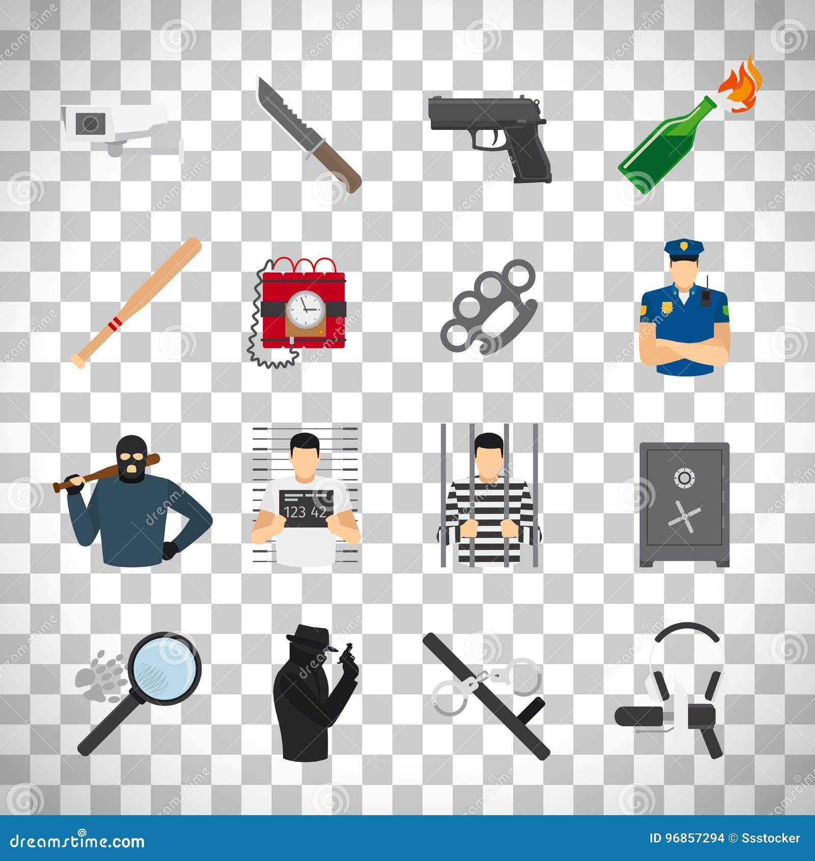 Crime Icons Set on Transparent Background Stock Vector - Illustration ...