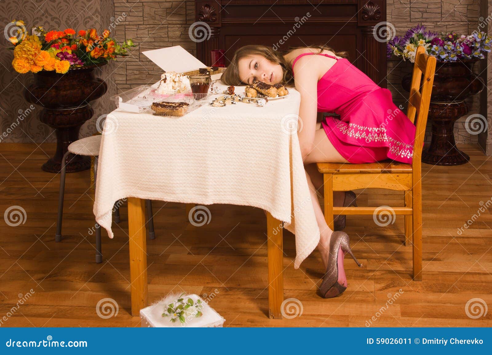Crime Scene Simulation. Poisoned Girl Lying on the Table Stock Image ...
