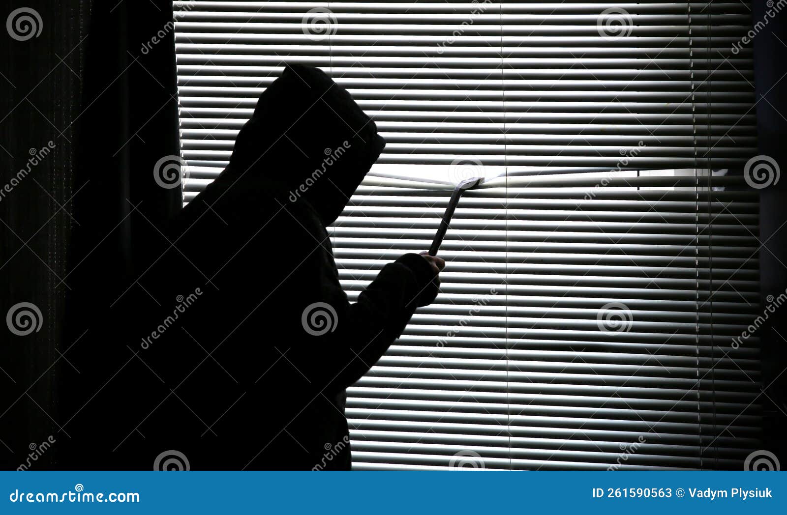 Criminal with Crowbar is Spying through the Window. Old Shutter Blinds ...