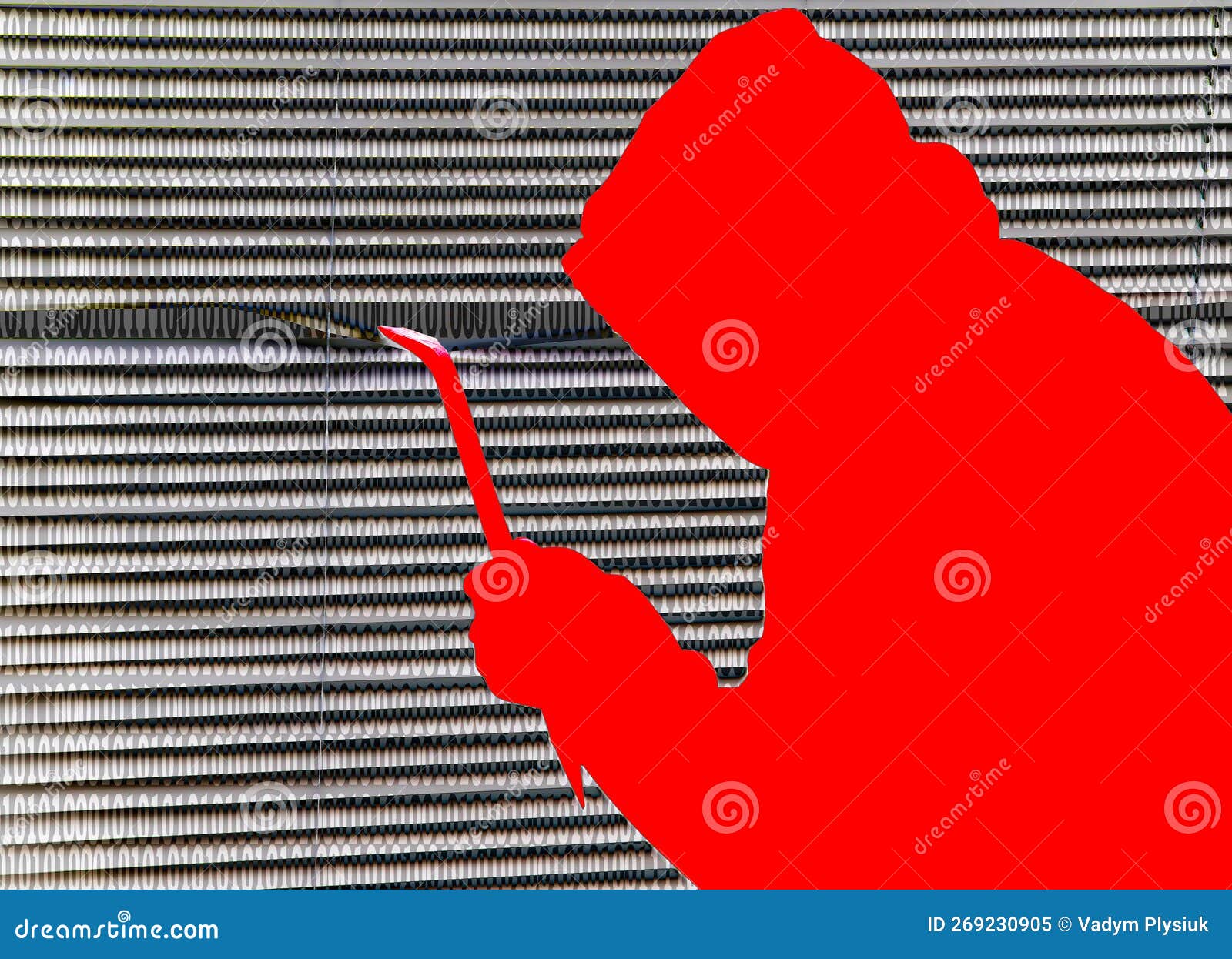 Criminal with Crowbar is Spying through the Window. Red Silhouette ...