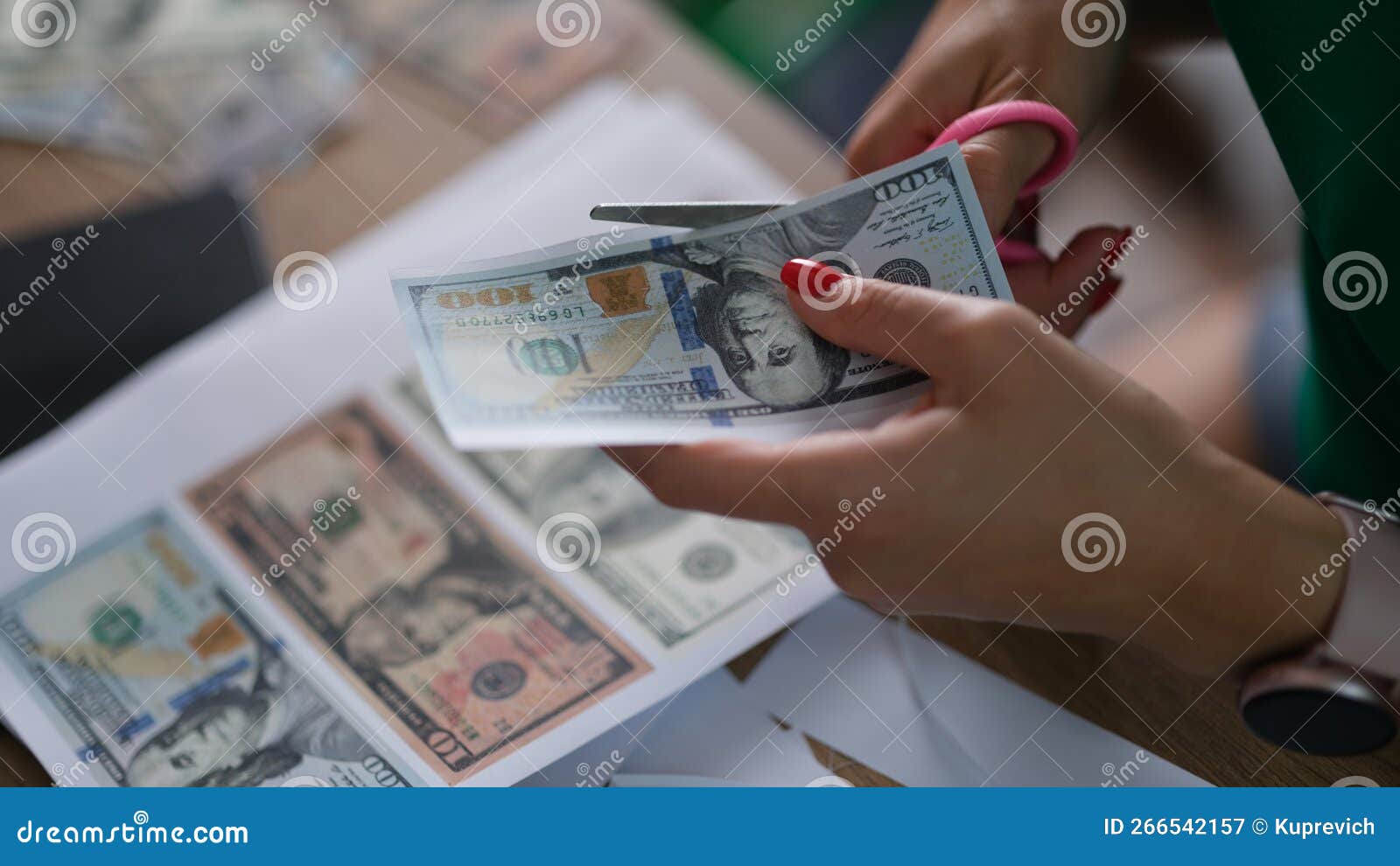 Criminal Cuts Dollar Bills with Scissors Printed on Printer Closeup ...