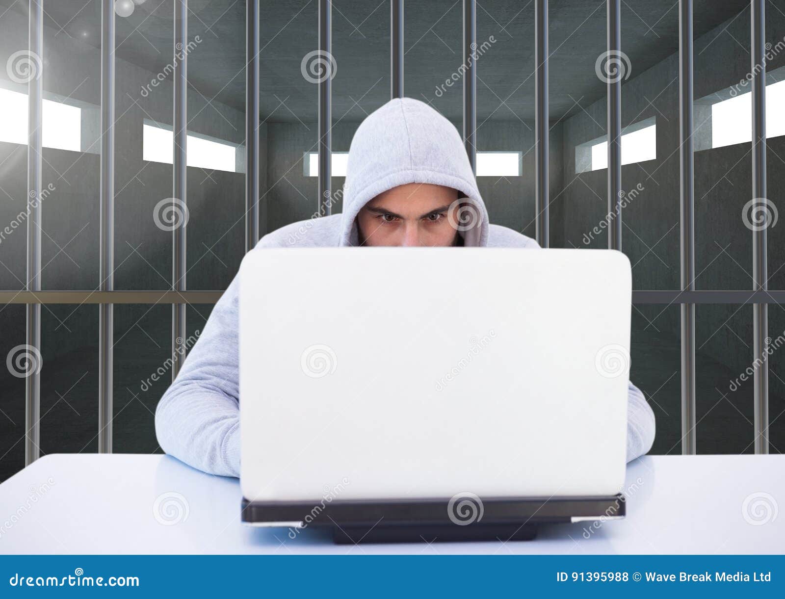 Criminal in Hood with Laptop Behind Prison Bars Stock Illustration ...