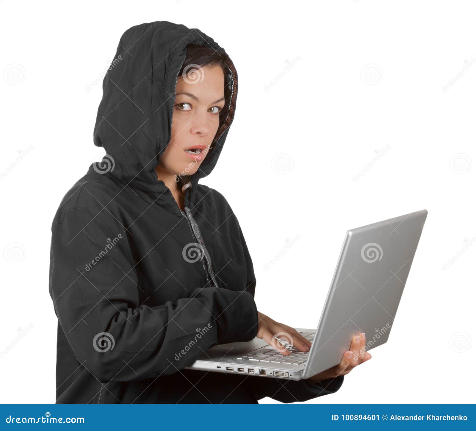 Criminal Woman Hacker Wearing Hood on Using a Laptop Stock Image ... Criminal Woman Hacker Wearing Hood on Using a Laptop Stock Image ...