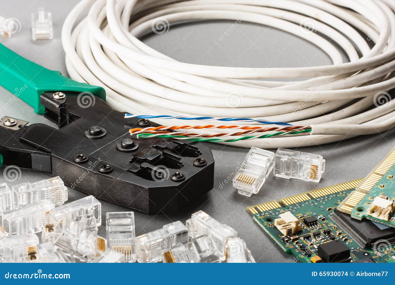 Crimper and network cable stock photo. Image of cat5 - 65930074