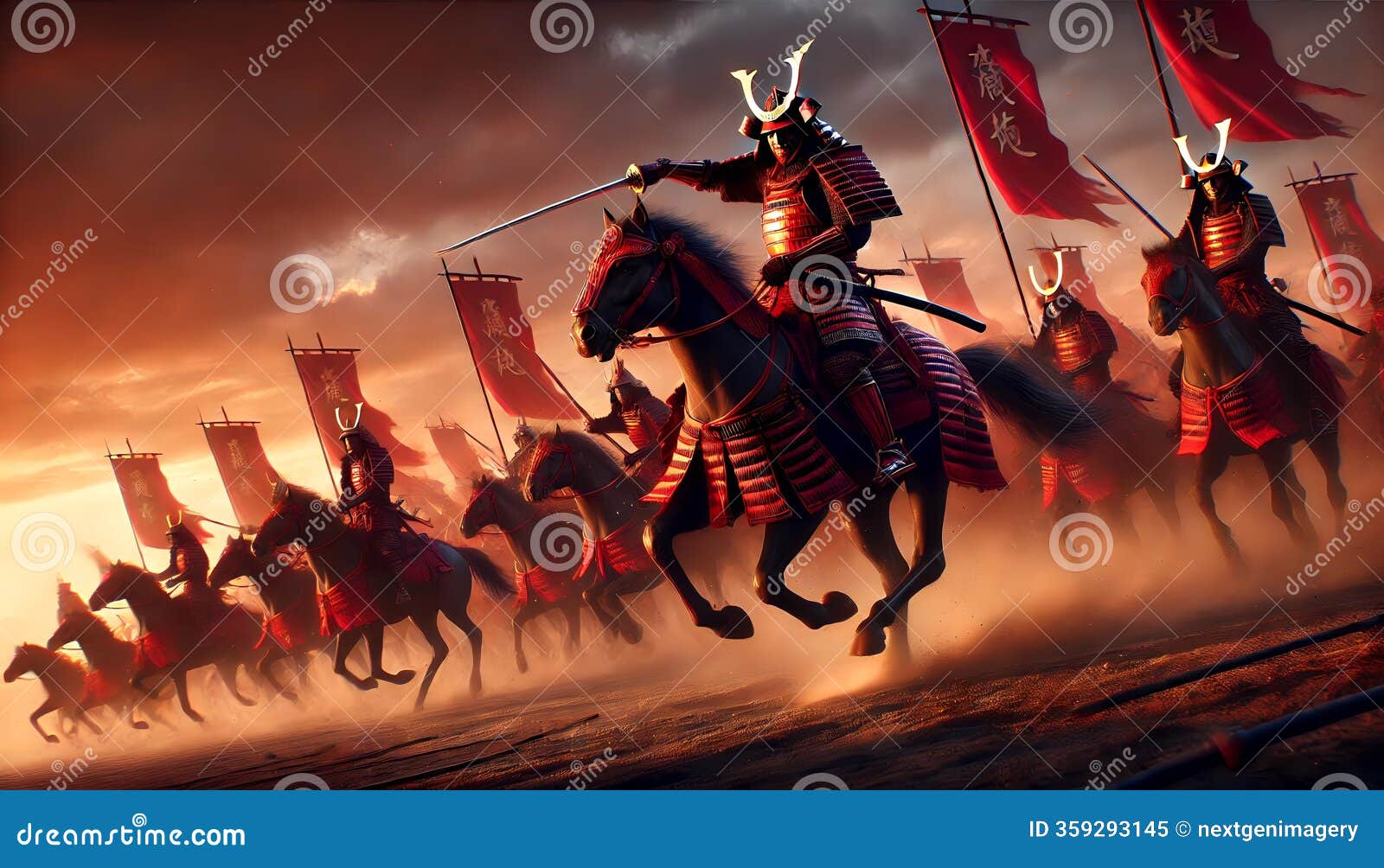 The Crimson Cavalry: Samurai Warriors Charging into Battle Stock ...