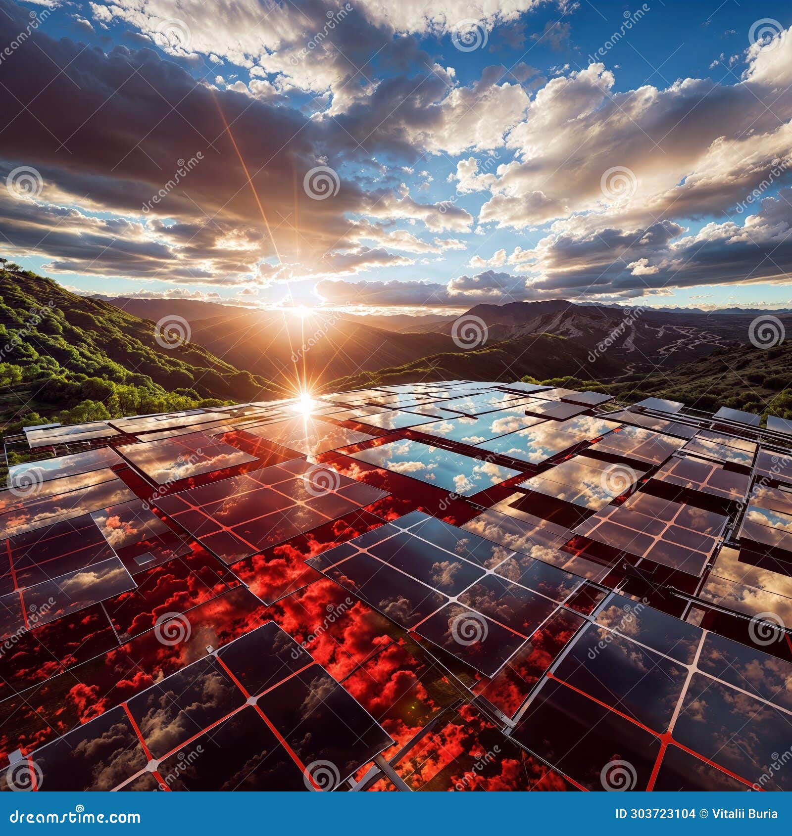 Crimson Horizon: Red Solar Panels with Mountain Silhouette, Generative ...