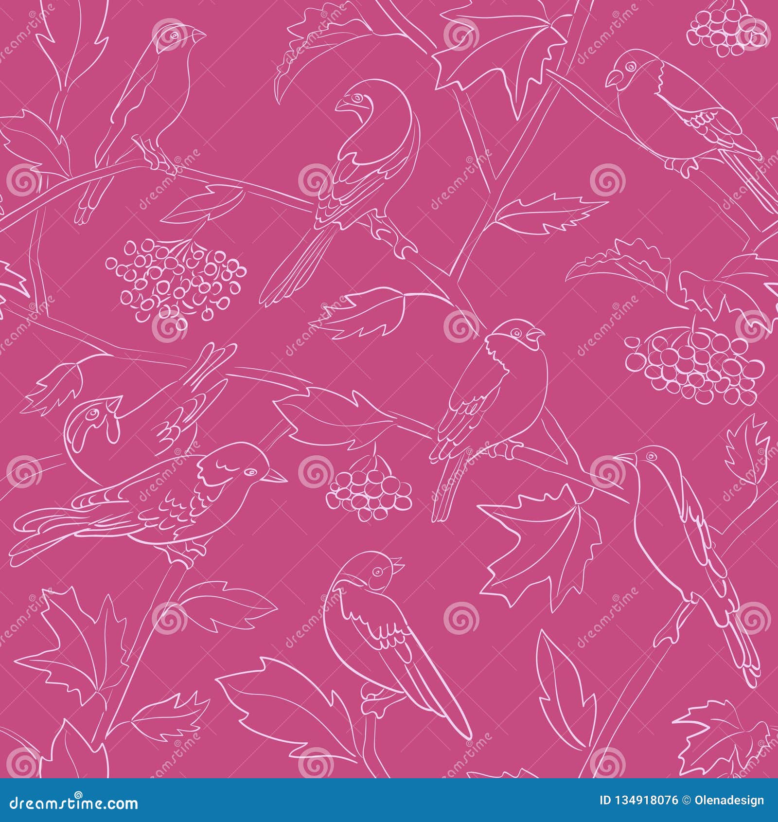 Crimson Vector Seamless Pattern with Silhouettes of Birds and Branches ...
