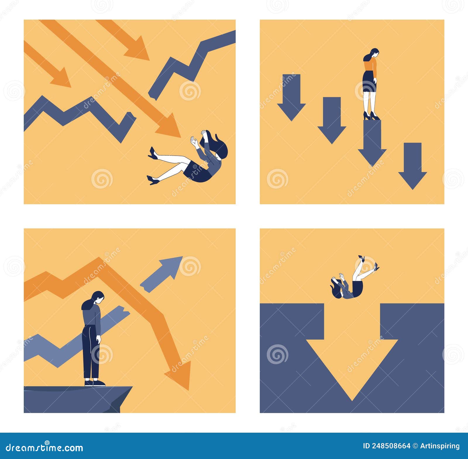 Crisis Concept Set. Bankruptcy with Falling Down Profit Graph and Money Stock Vector ...