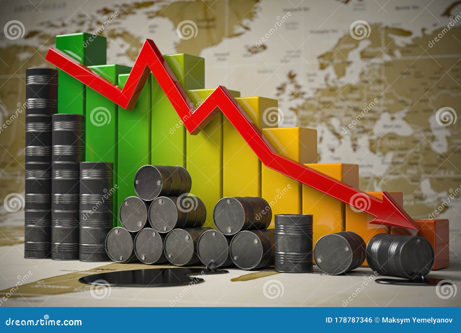 Crisis in Oil and Petroleum Ndustry. Oil Barrels and Falling Graph on ...