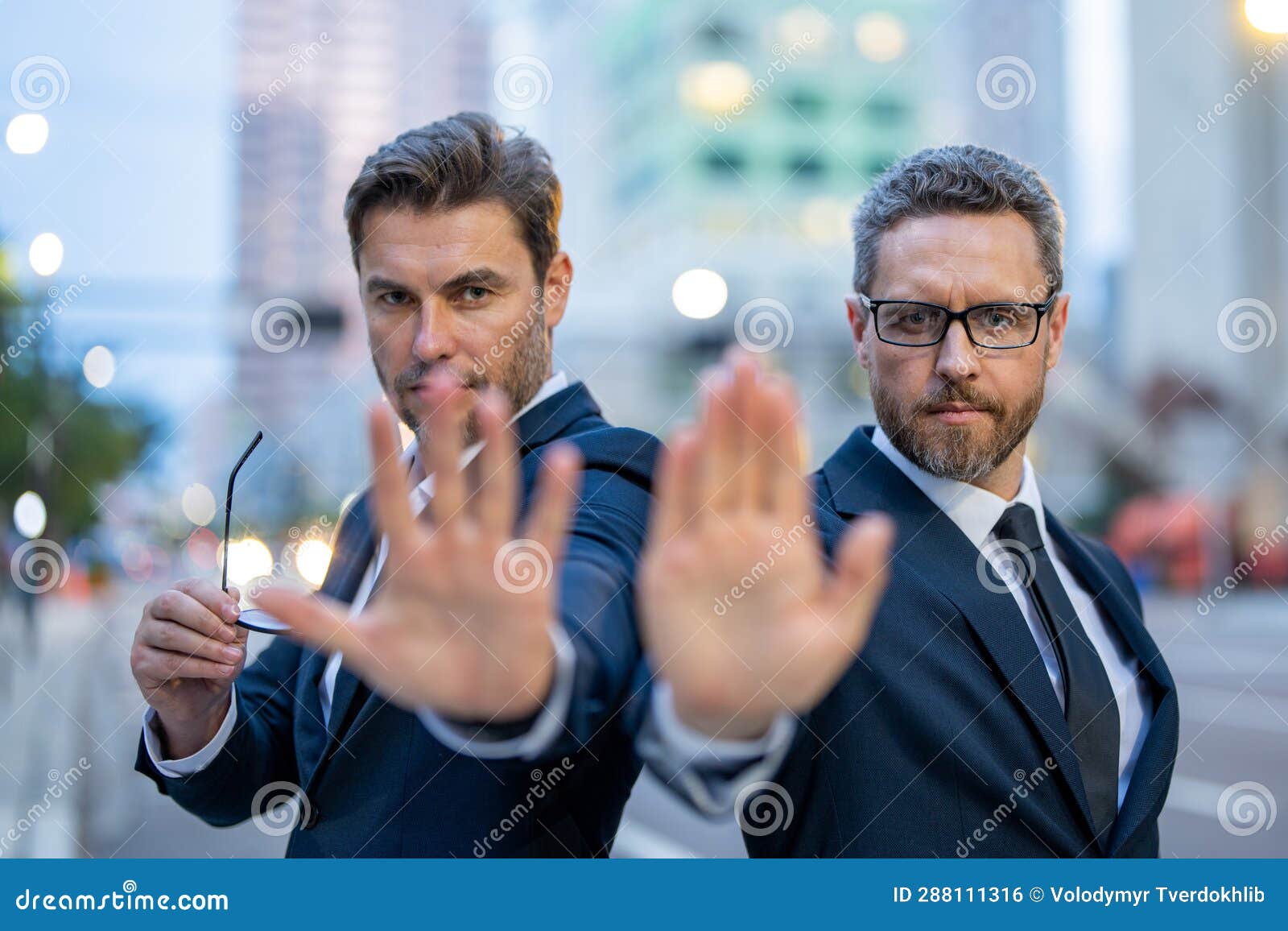 Crisis, Risk. Two Handsome Business Men in Suit Doing Stop Sing with ...