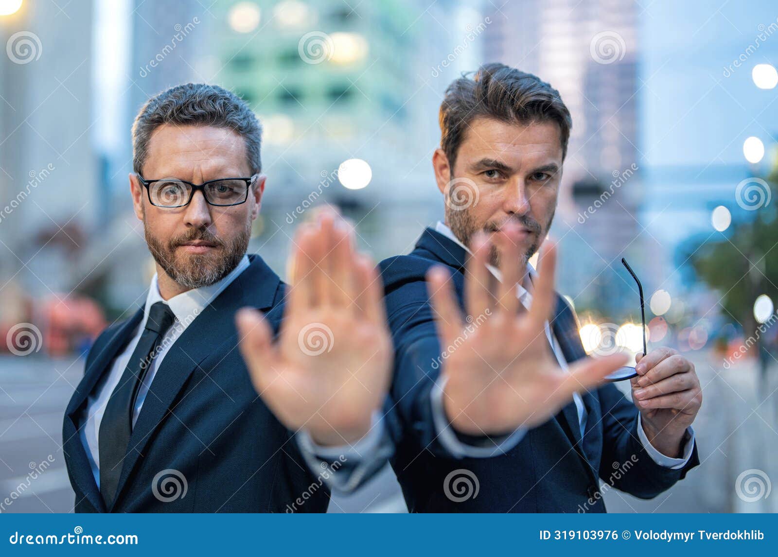 Crisis, Risk. Two Handsome Business Men in Suit Doing Stop Sing with ...