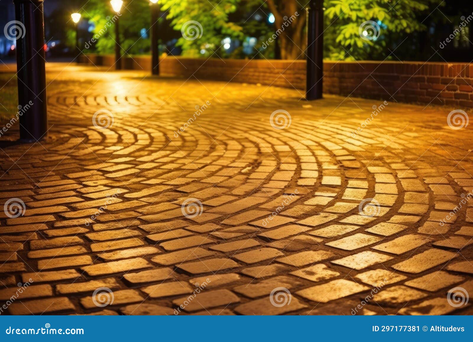 Crisp Outdoor Lighting Illuminating a Circular Patterned Brick Pathway ...
