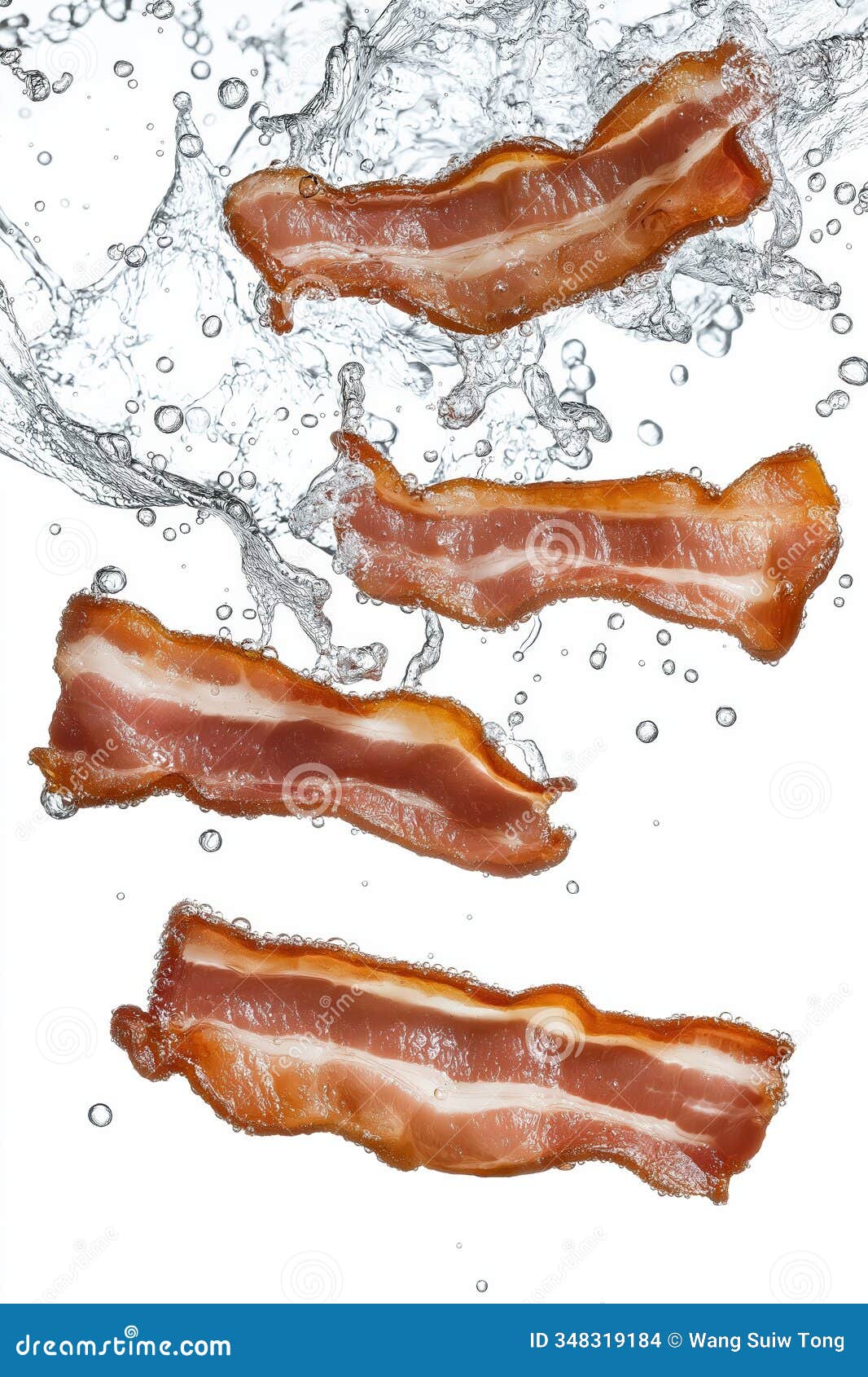 Crispy Bacon Slices Falling in Water Splashing on White Background ...